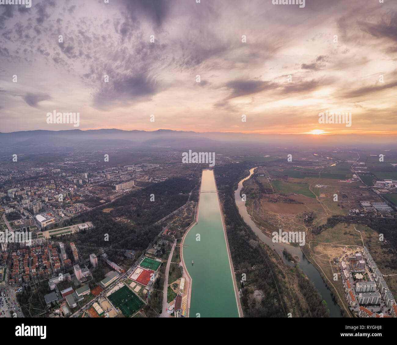 Aerial view with sunset over rowing channel in Plovdiv city - european ...