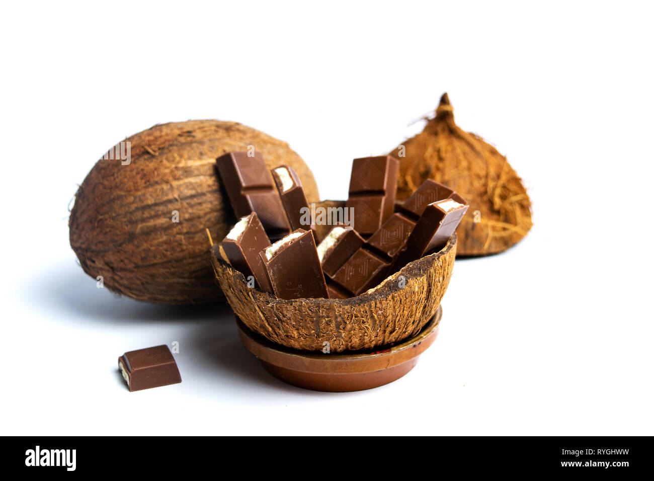 Chocolate with coconut in a shell isolated on white Stock Photo - Alamy
