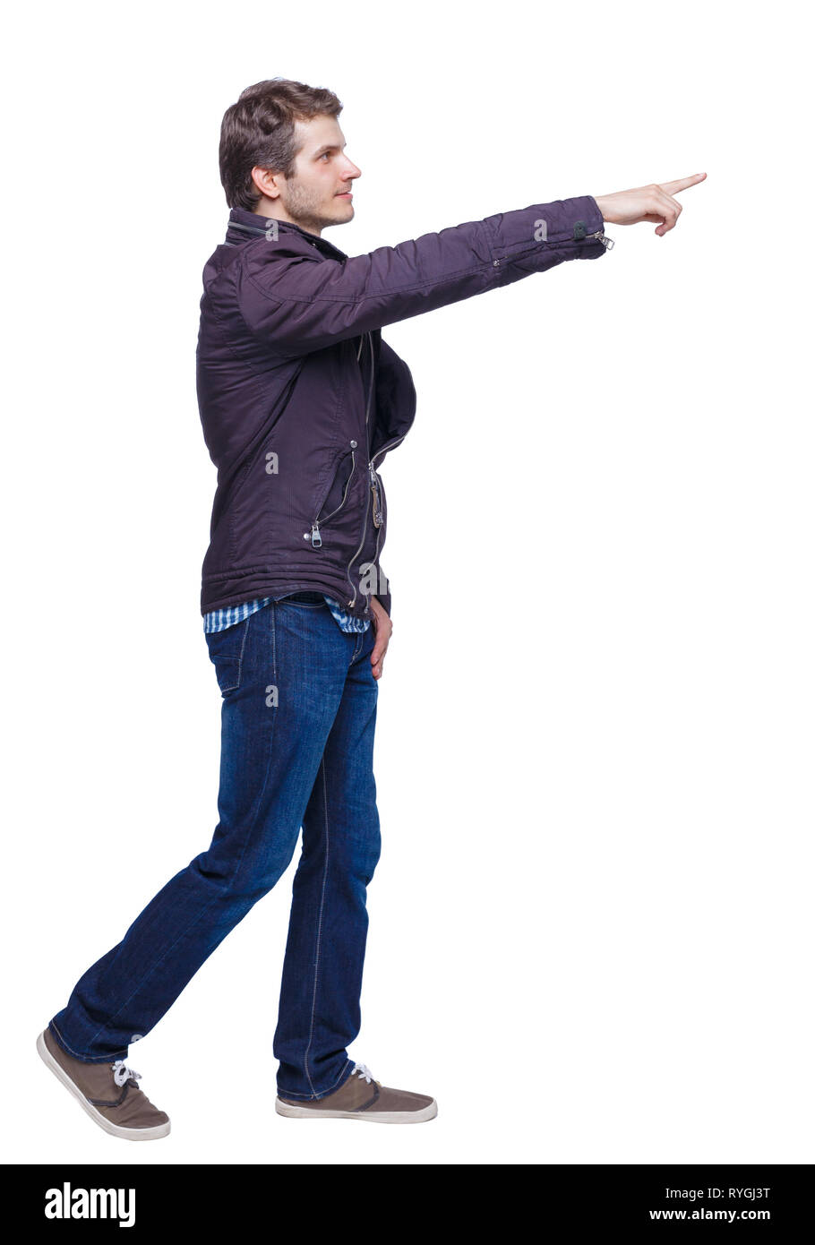 Side view of a man walking with a pointing hand. going guy showing ...