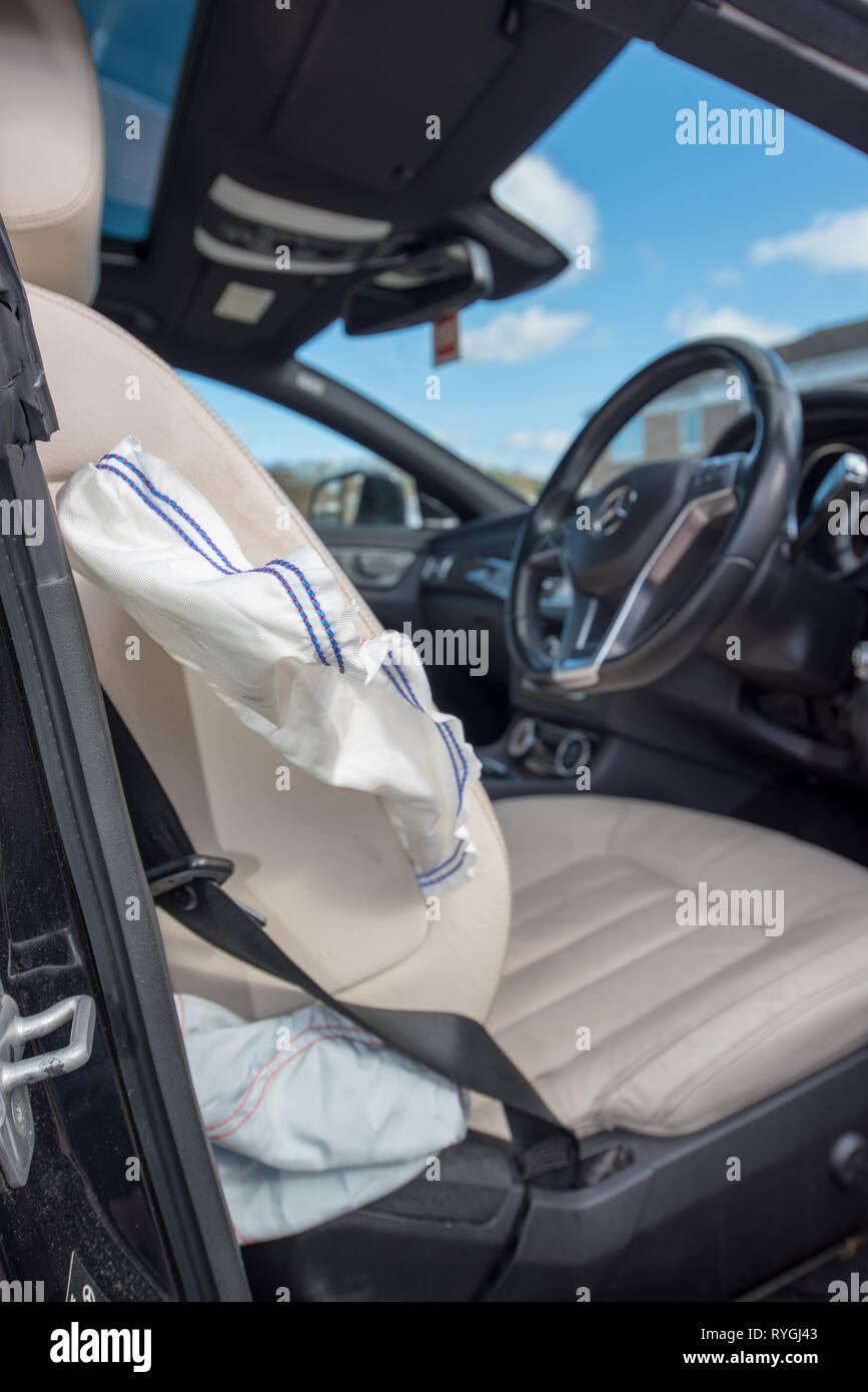 Car crash: Vehicle recovered from a road traffic accident. Airbags and ...