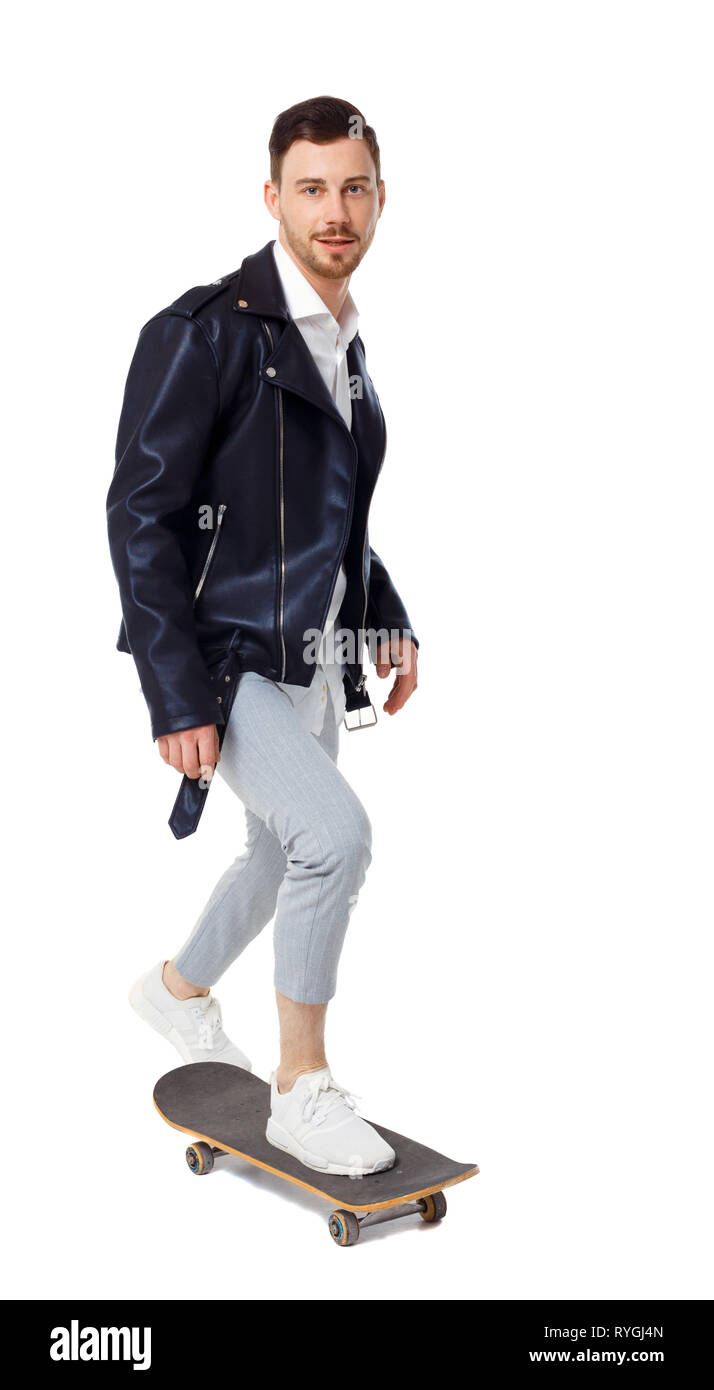 Front view of a man with a skateboard. Rear view people collection ...