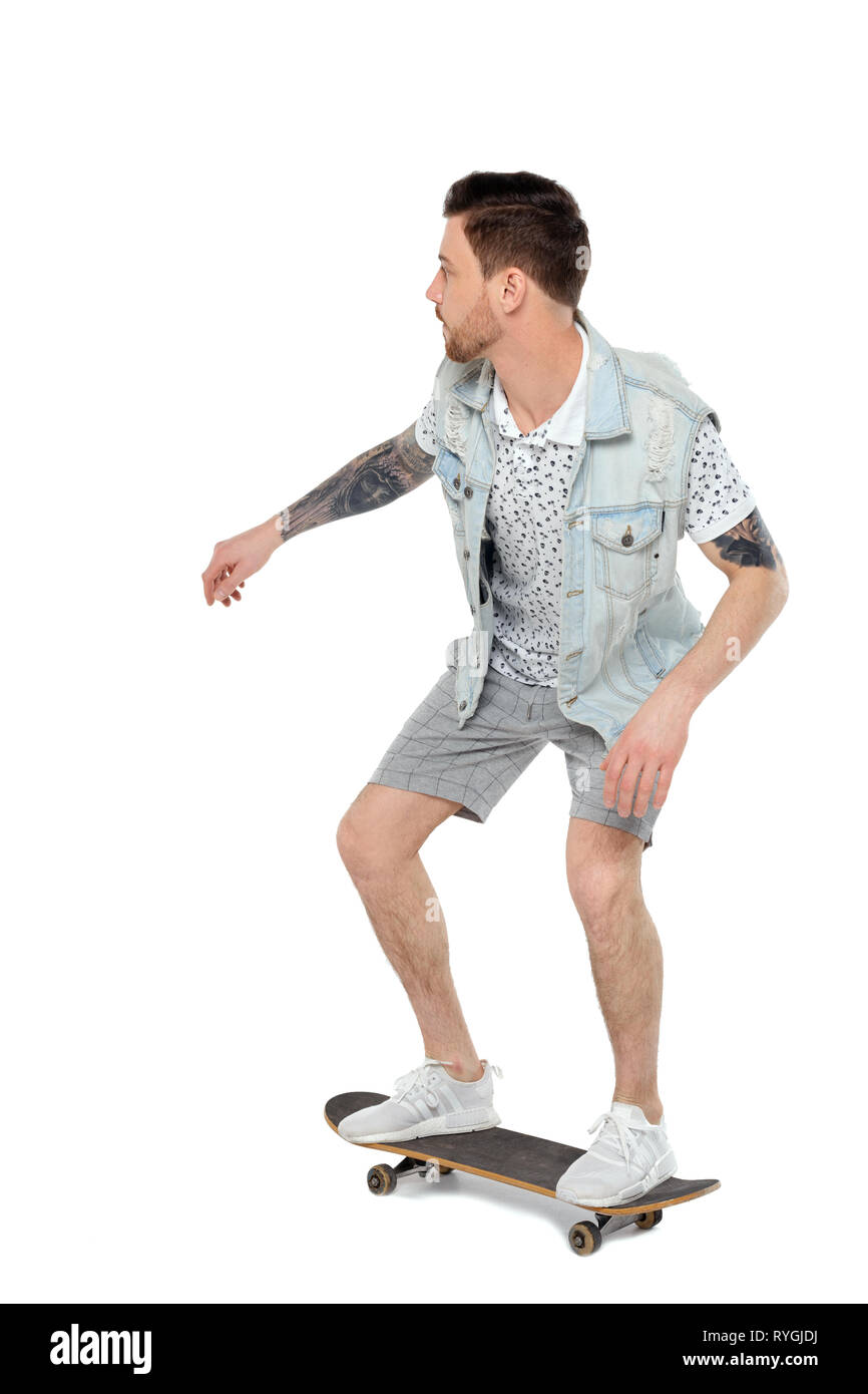 Back view of a man with a skateboard. Rear view people collection ...