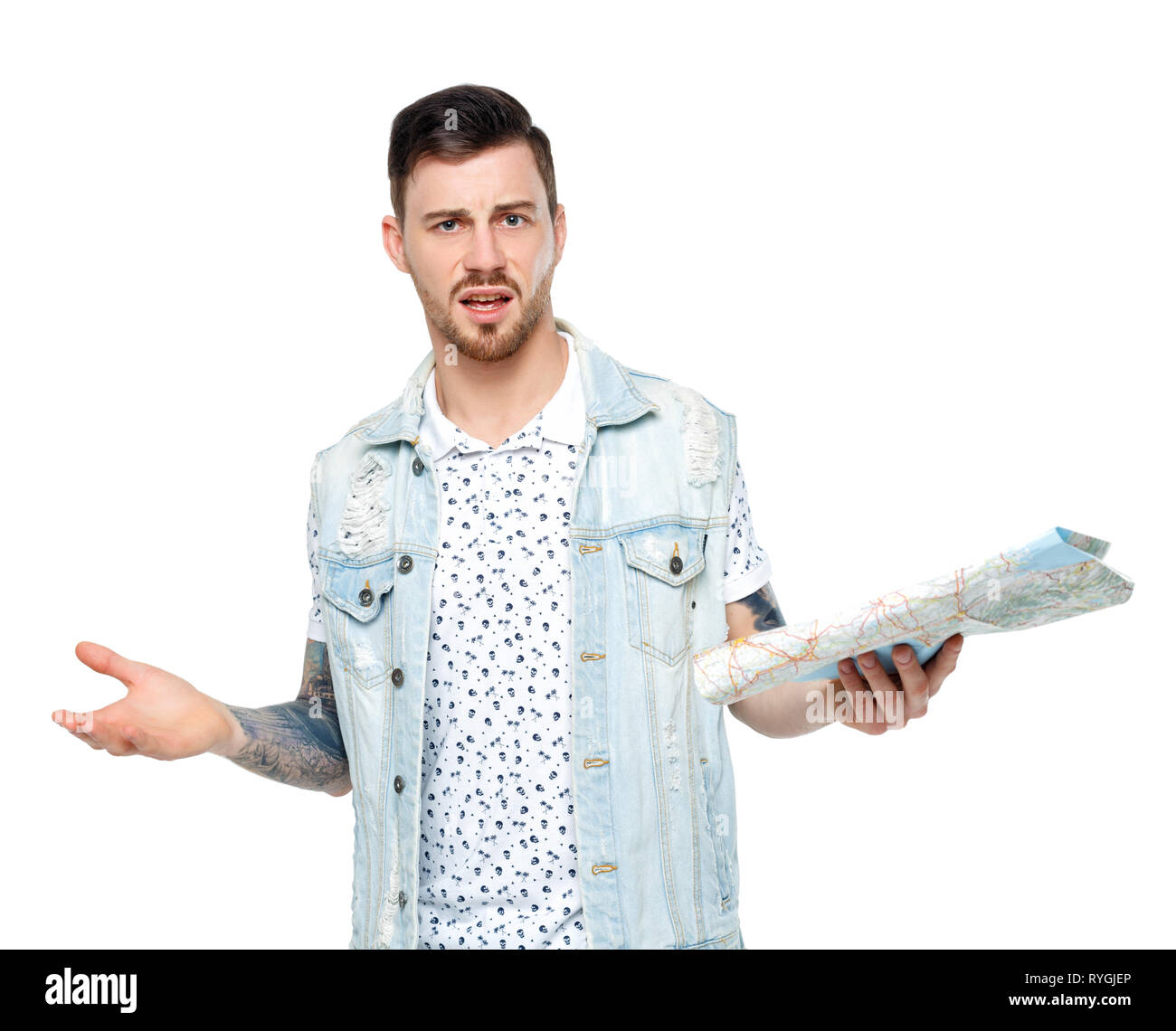 man with a map. Front view. Isolated on white background. The young ...