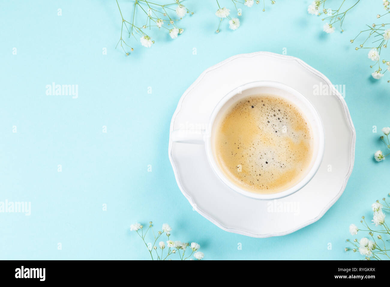 Good morning concept - coffee, flowers, notebook Stock Photo - Alamy