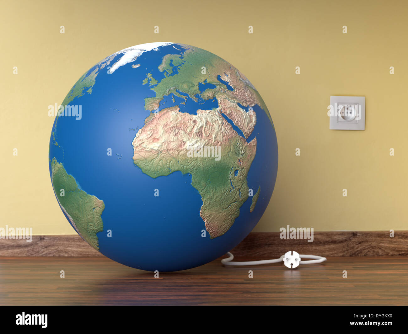 3D render of planet Earth resting on room wooden floor with electrical ...