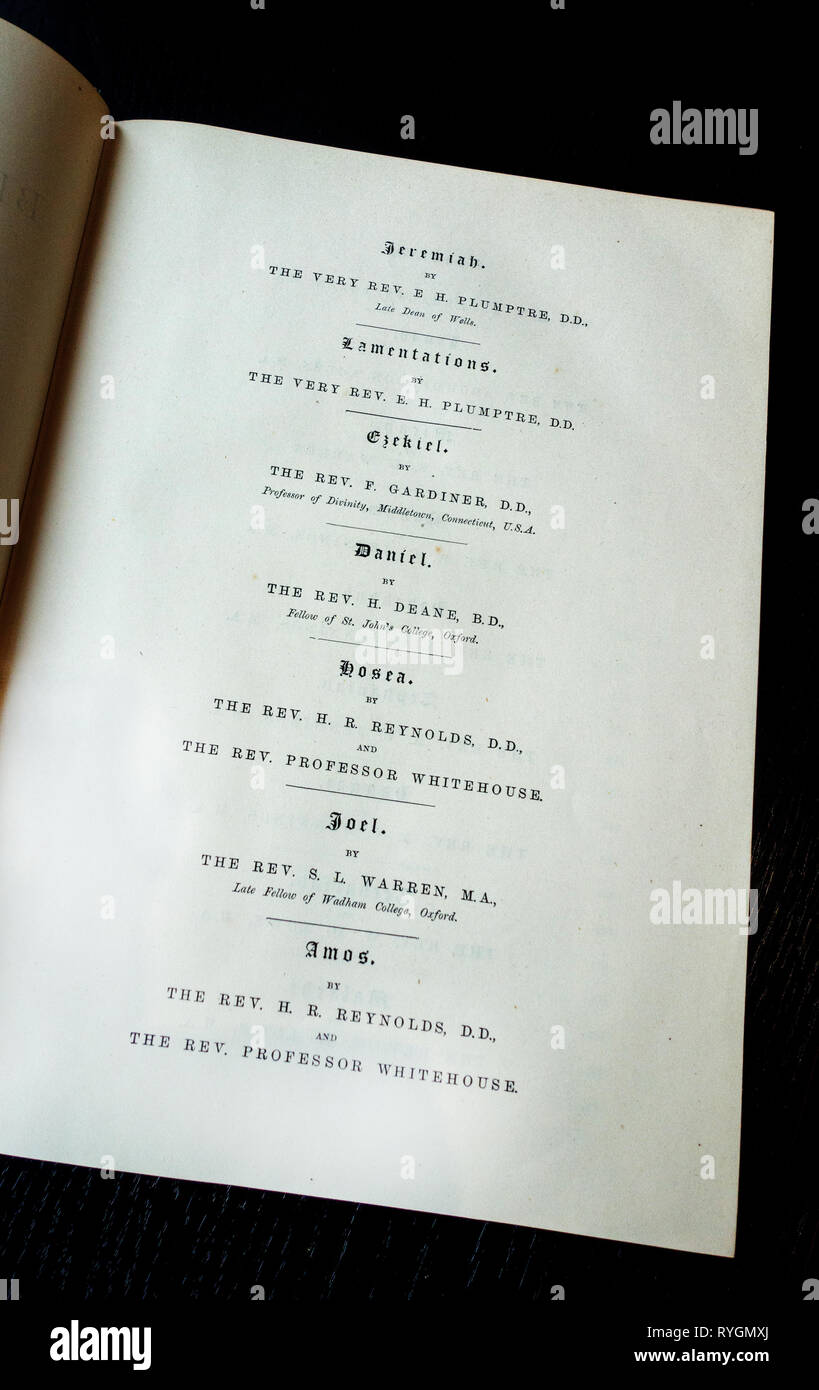 Bible content list on old Bible Page Stock Photo - Alamy