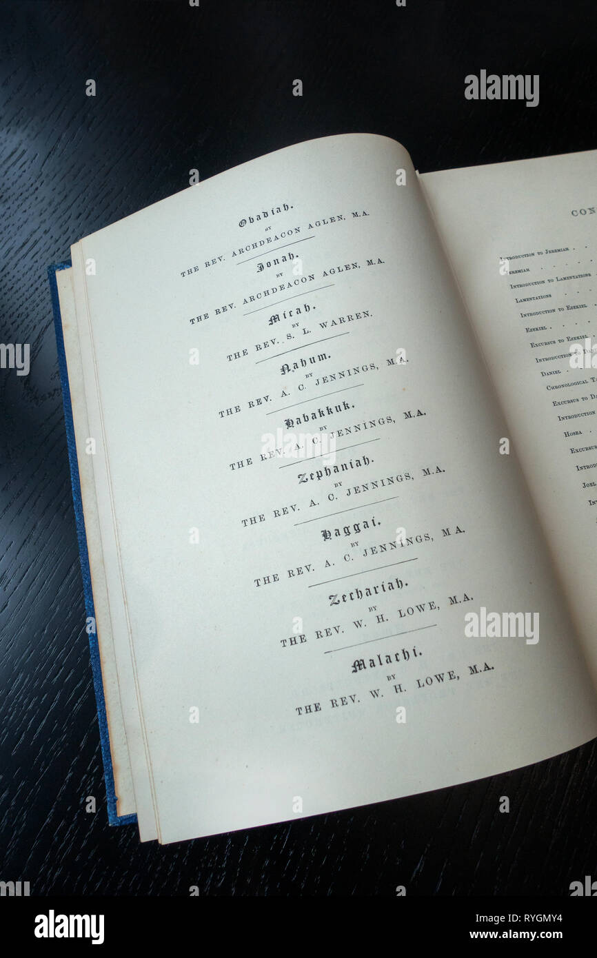 Bible content list on old Bible Page Stock Photo - Alamy