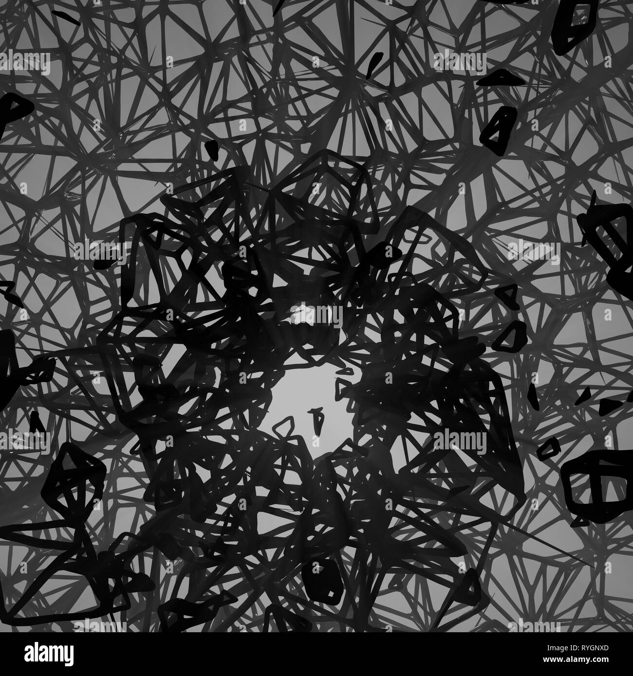wired modern metal structure flying in foggy space background Stock ...