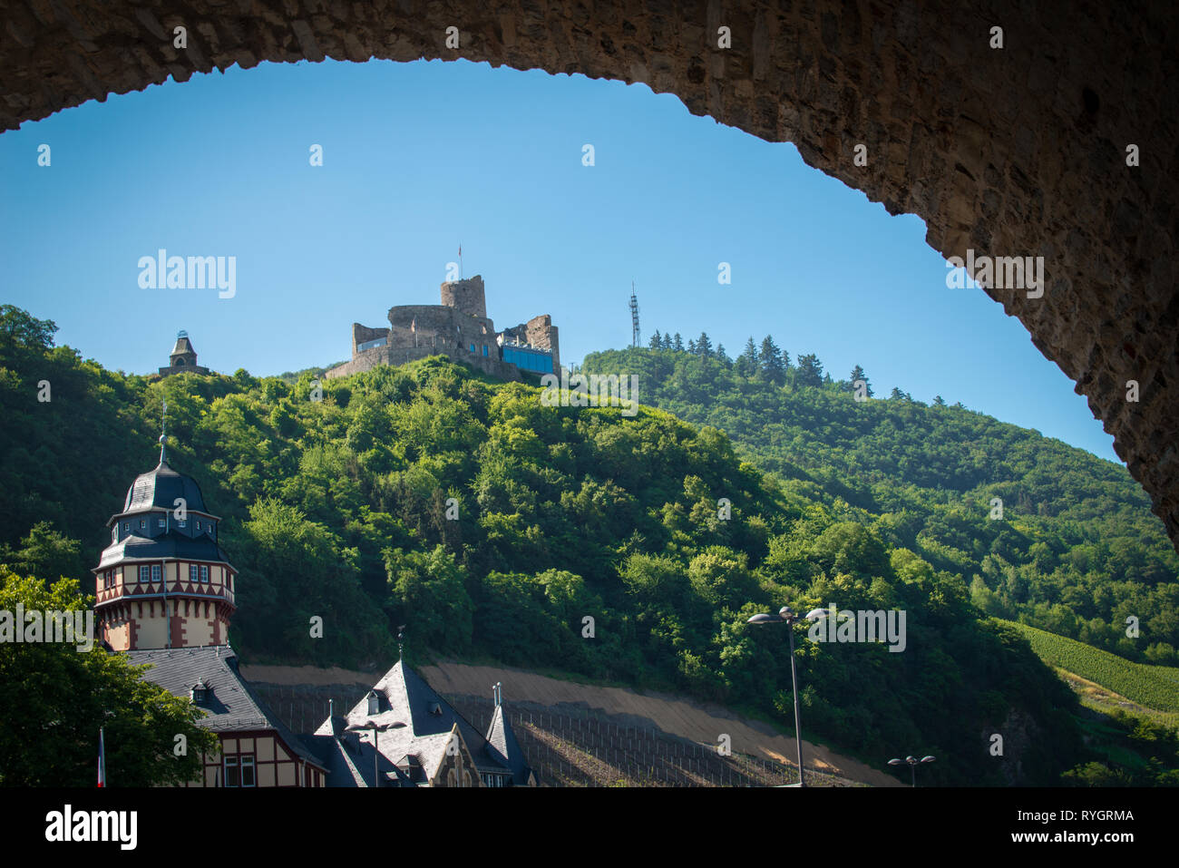 View to the Barncastel from the arch of the bridge over the Mosel river ...