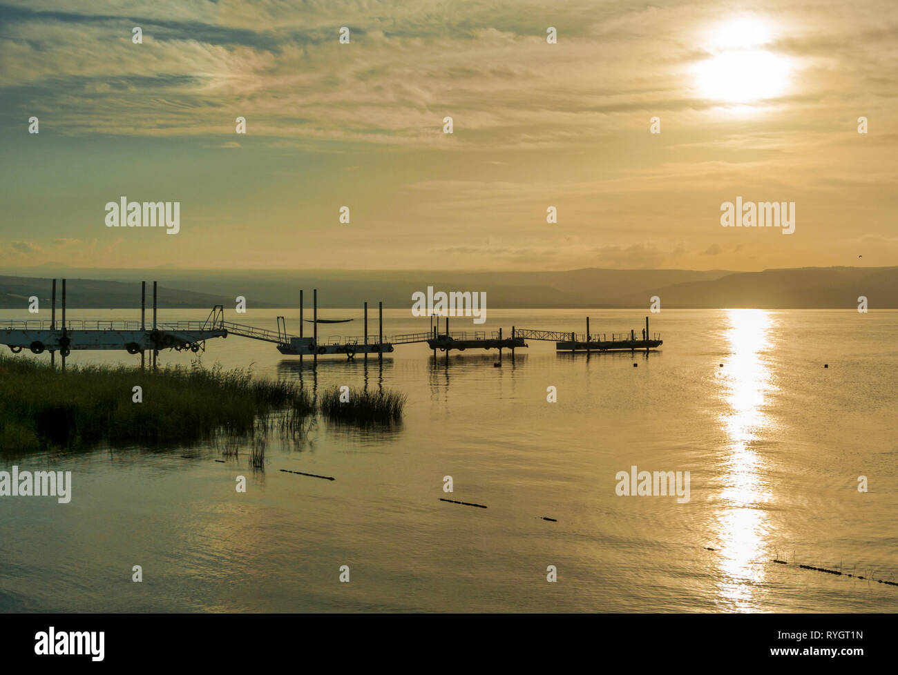 sunset over the lake of galilee or lake tiberias, know from the bibe ...