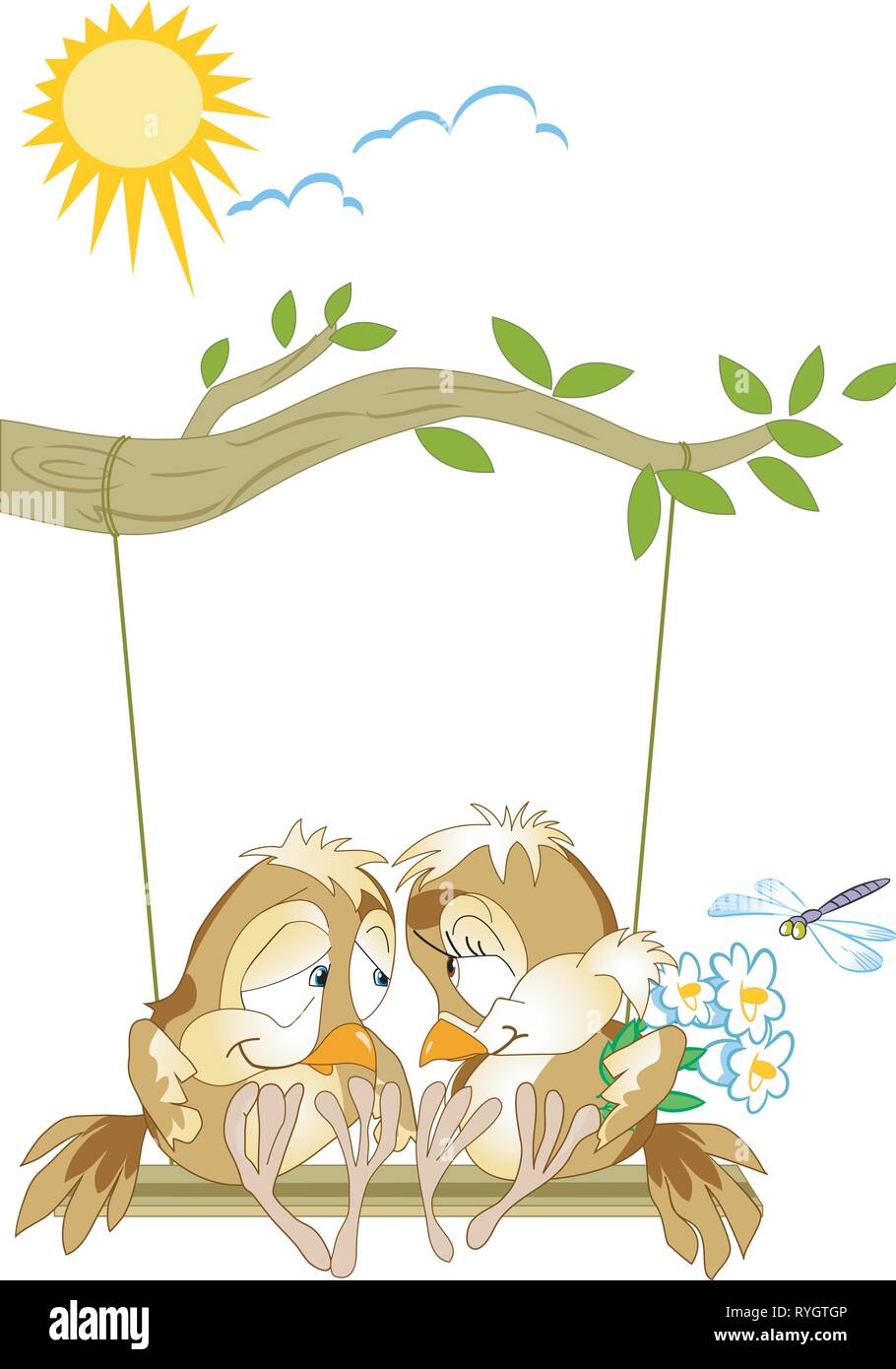 The illustration shows a pair of lovebirds birds sitting on a swing ...