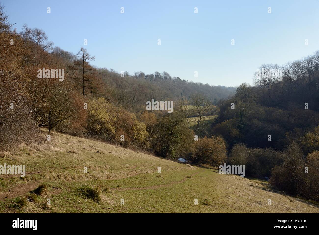 View down the Bybrook valley between Castle Combe and Ford in late ...