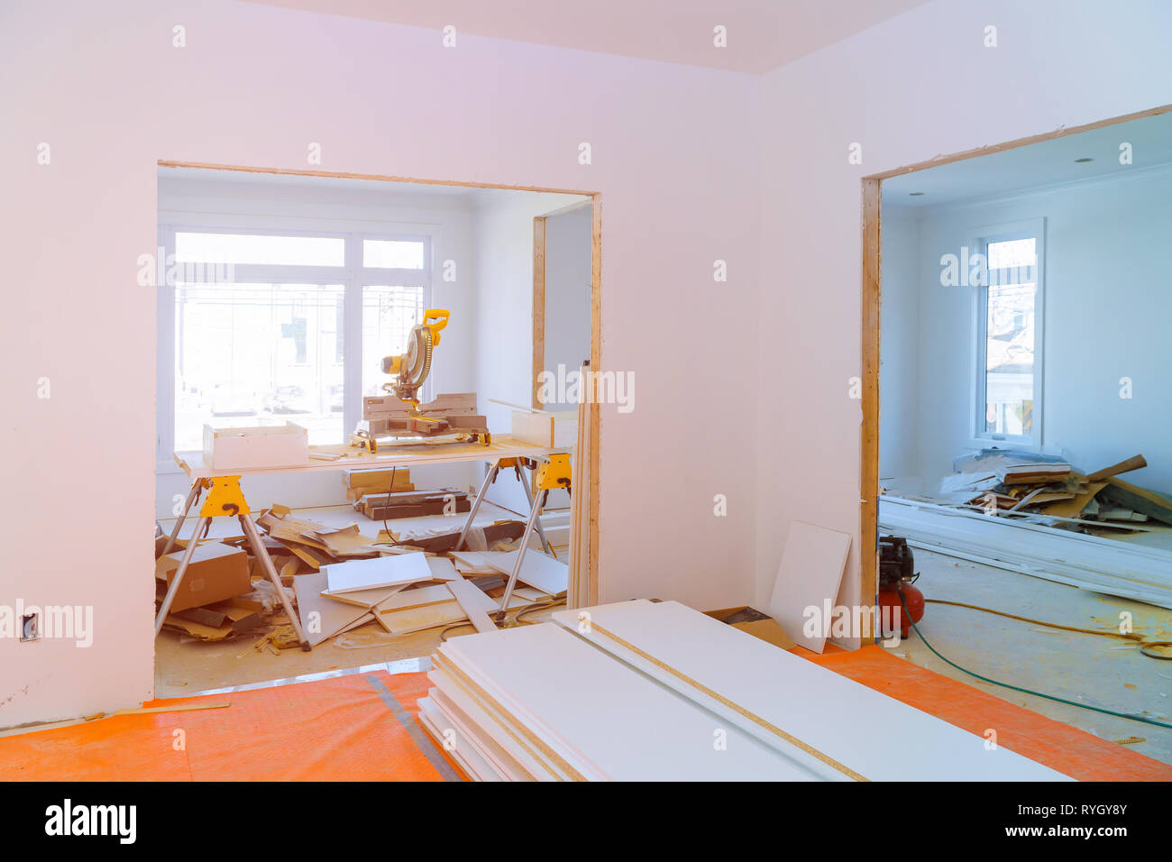 Interior construction of housing project with door and molding ...