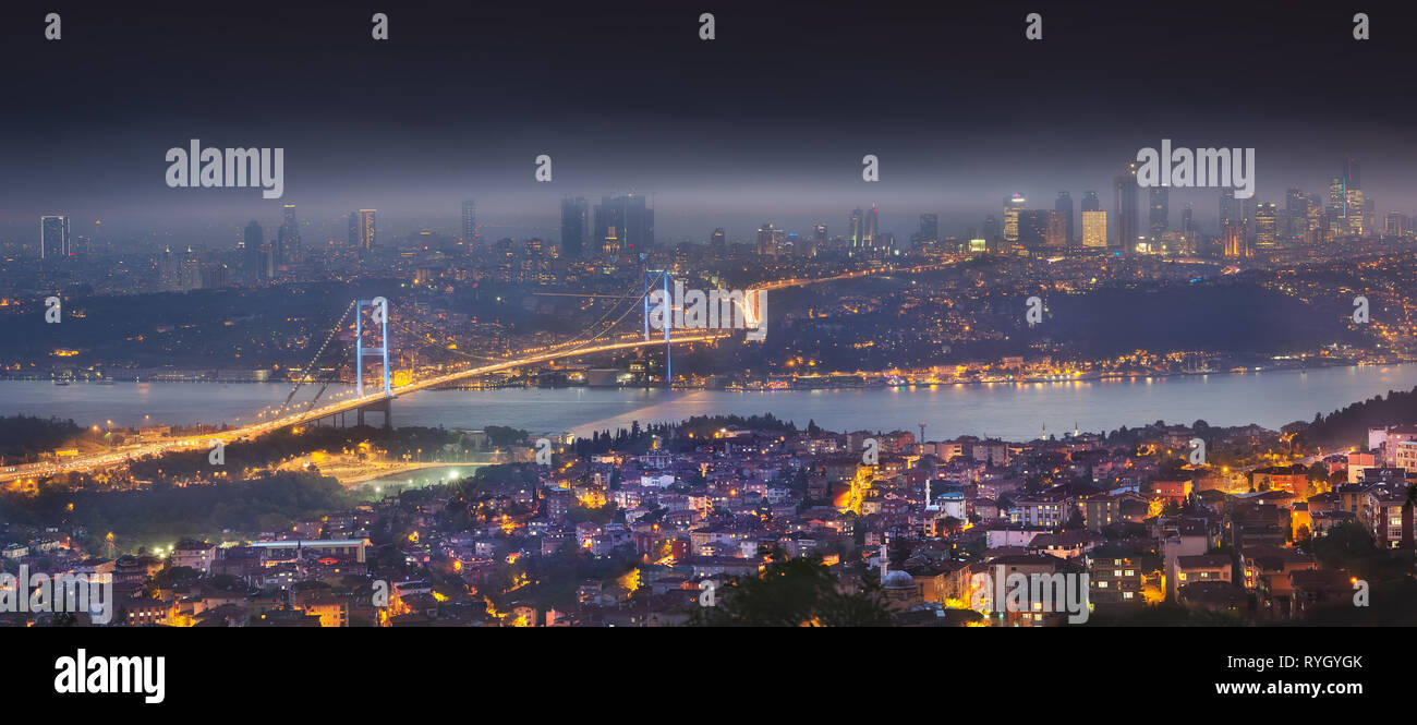 Night aerial view of Bosphorus bridge and panorama of Istanbul Stock ...