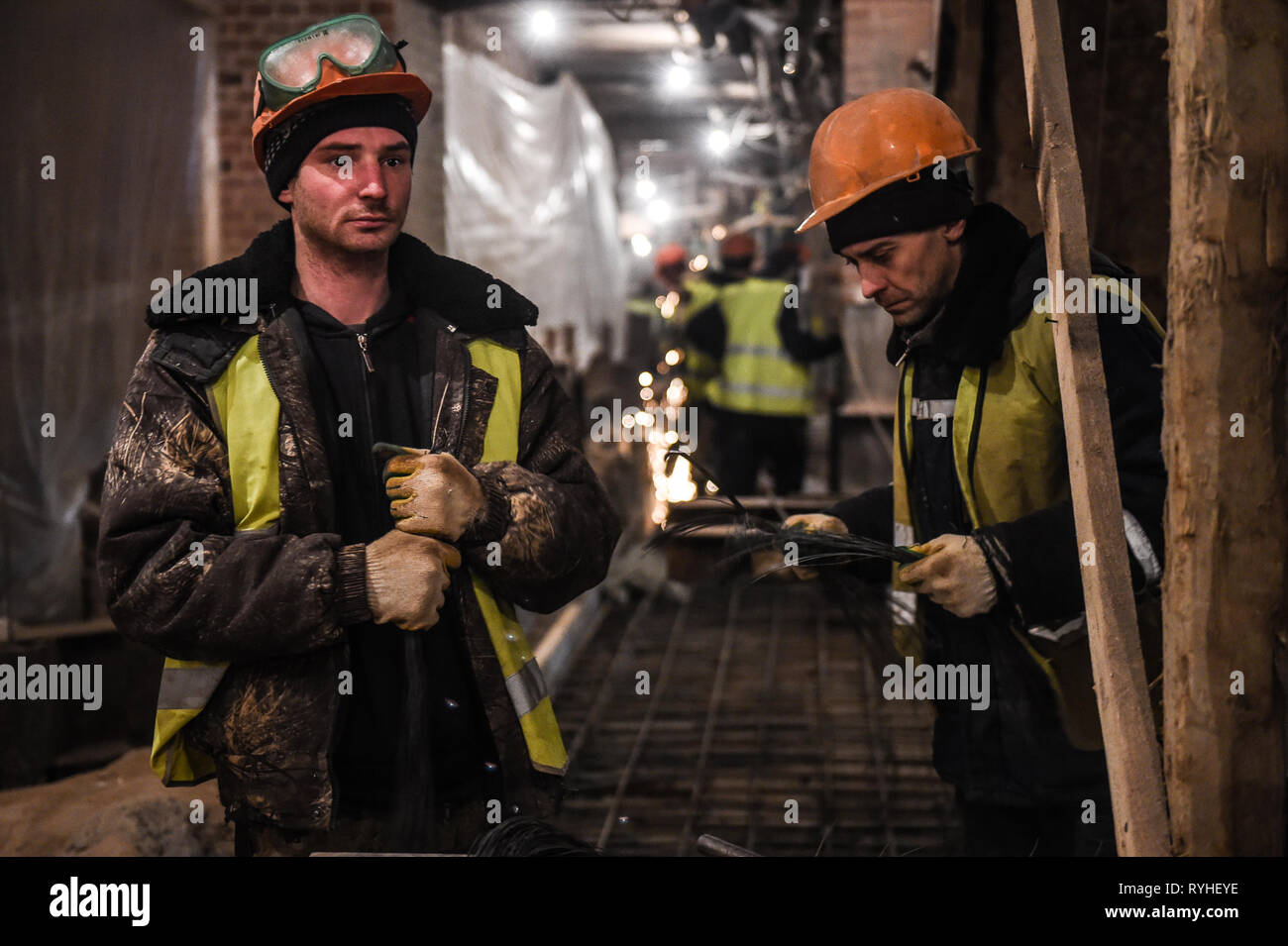 Moscow, Russia. 13th Mar, 2019. Workers work at the restoration site in ...