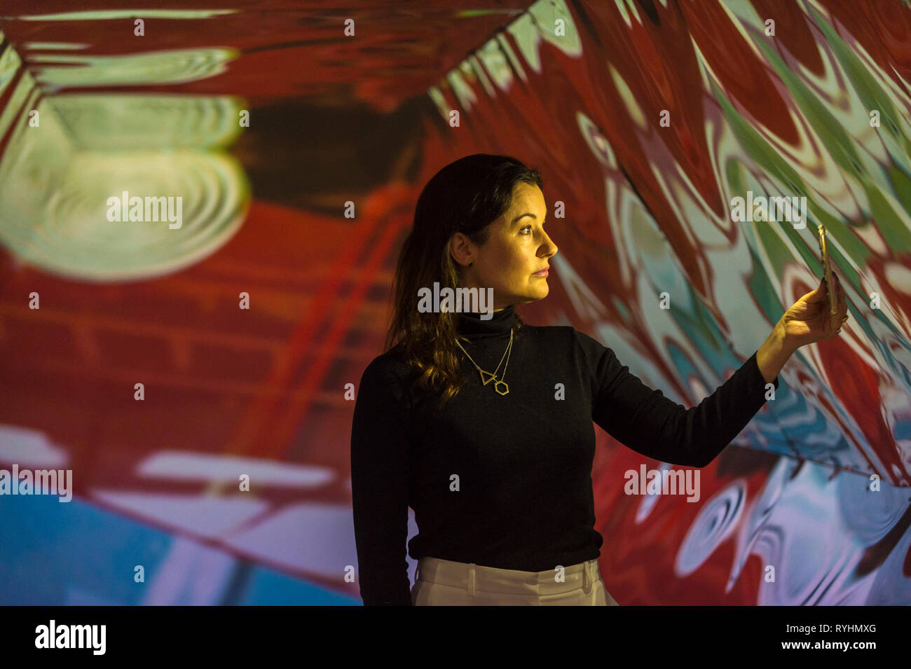 London, UK. 14 March 2019. Artist Laura Buckley poses in her work "Fata ...