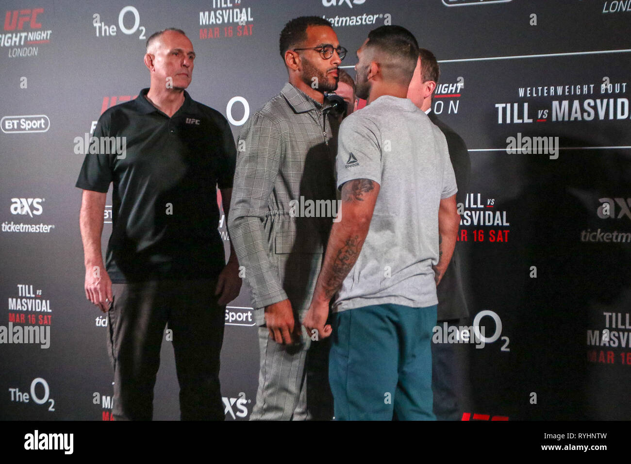 London, UK. 14th Mar, 2019. UFC welterweight, Danny Roberts (left) and ...