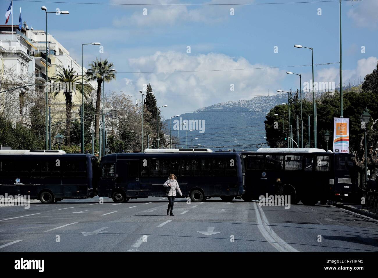 Athens, Greece. 14th Mar, 2019. Police buses seen across the street ...