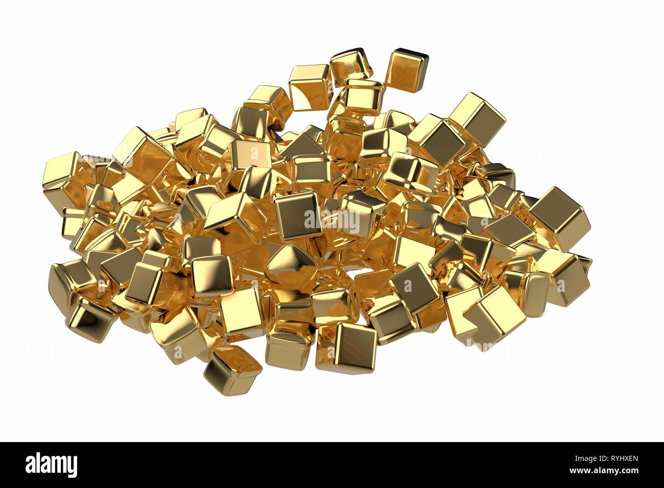 large pile of gold bars in the shape of boxes, 3D illustration isolated ...