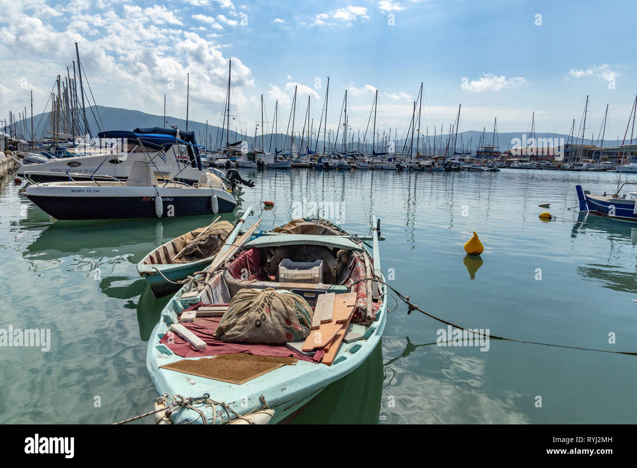 Docked sailboats in the small marina of Lefkas town, Lefkada, Greece ...