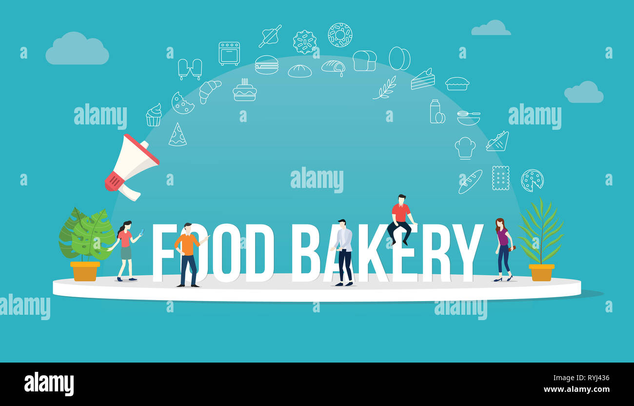 food bakery concept with team people working together with big text ...