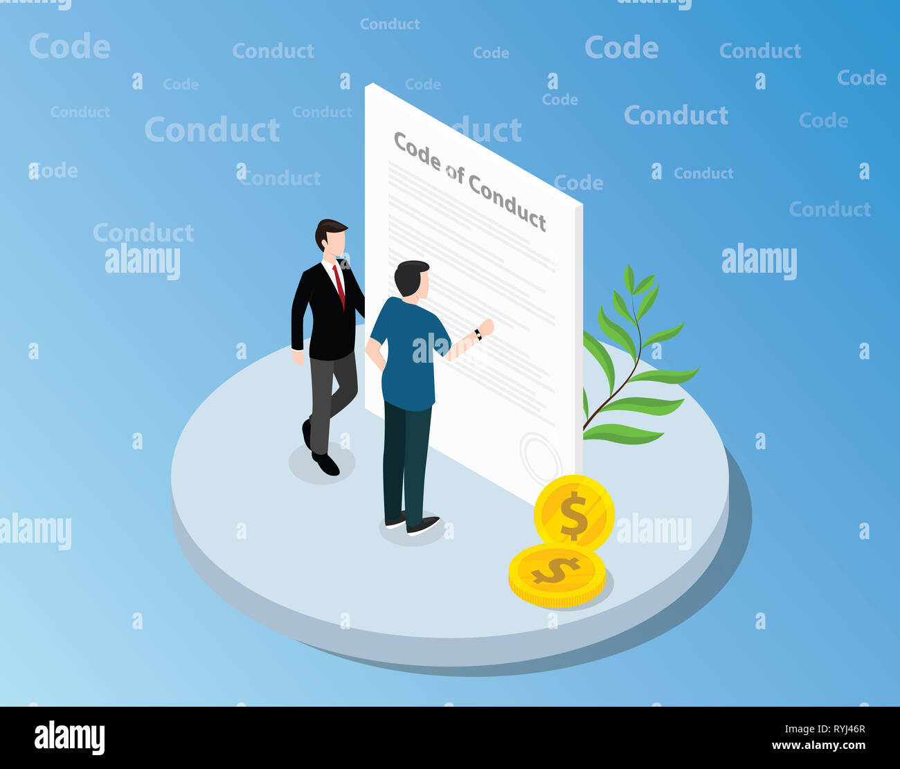 isometric code of conduct concept with business man standing together ...
