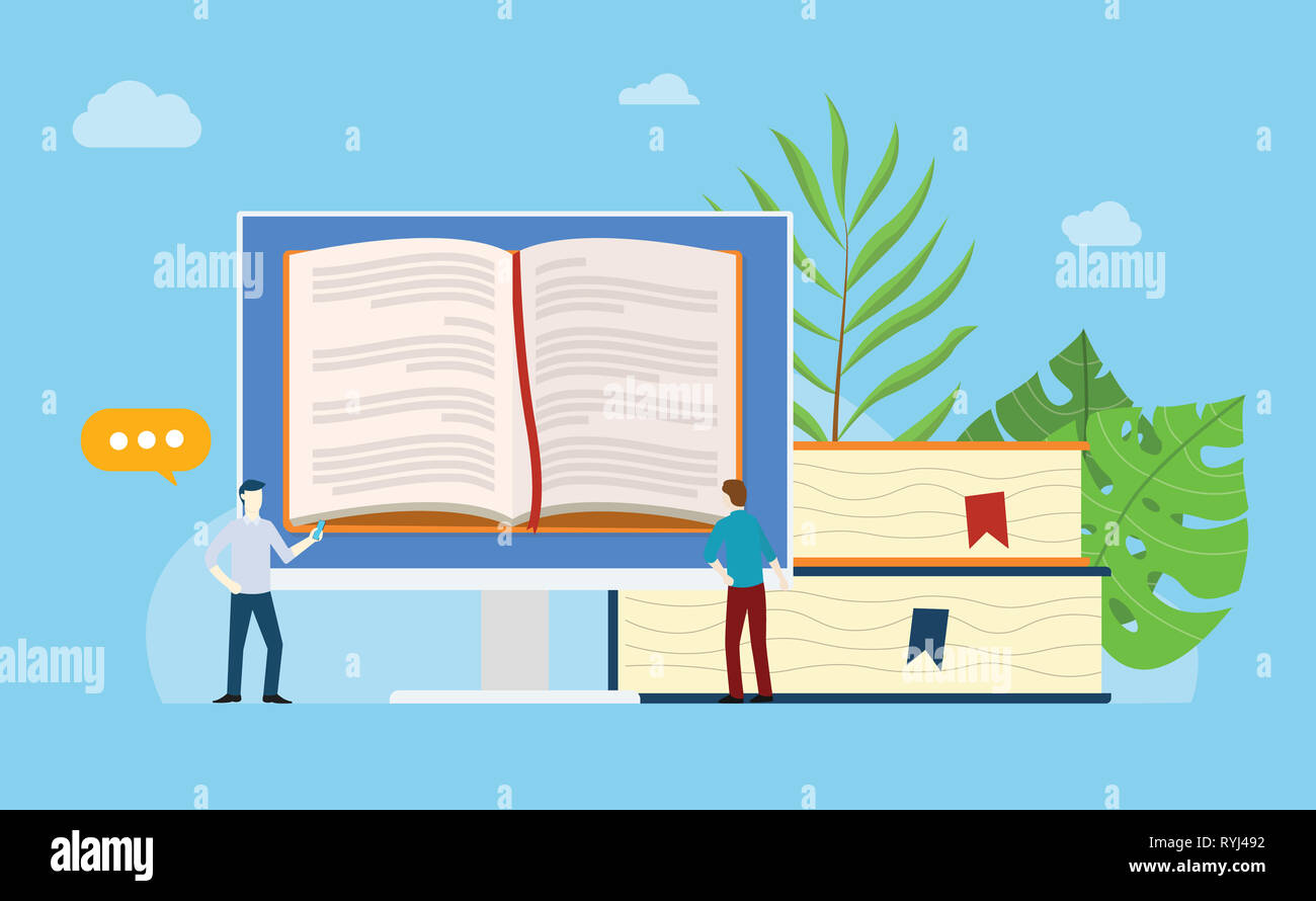 online books reading with open book on the monitor screen with stack ...