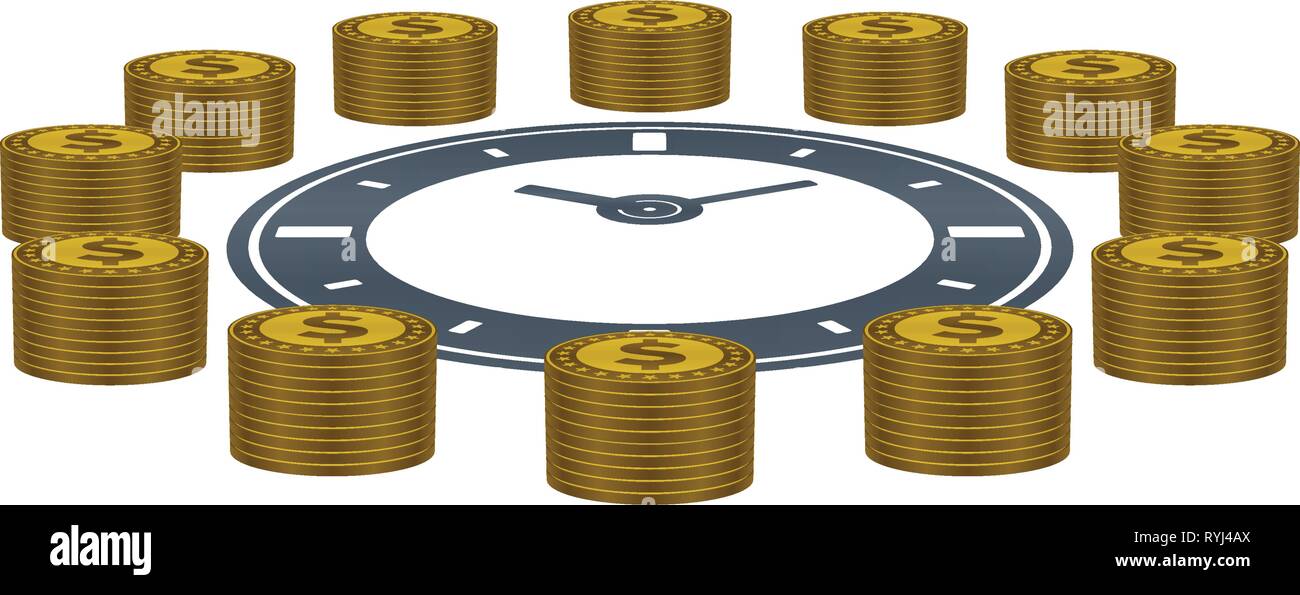 Dollar coins and clock. Time and money concept on white background ...