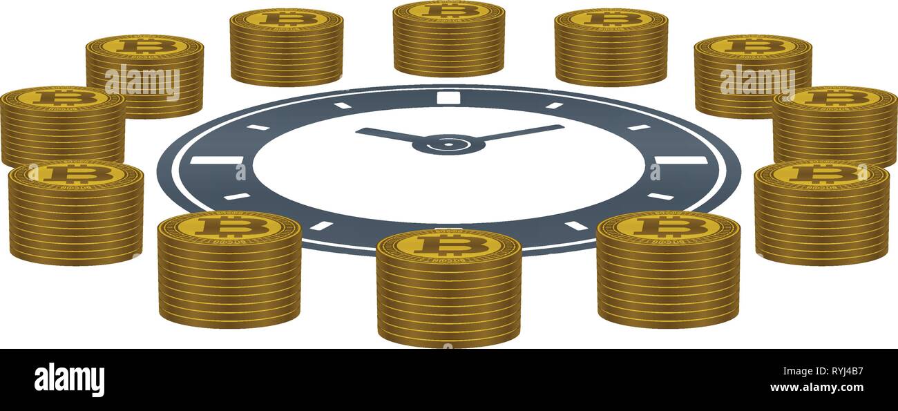 Bitcoins and clock. Time and money concept on white background ...