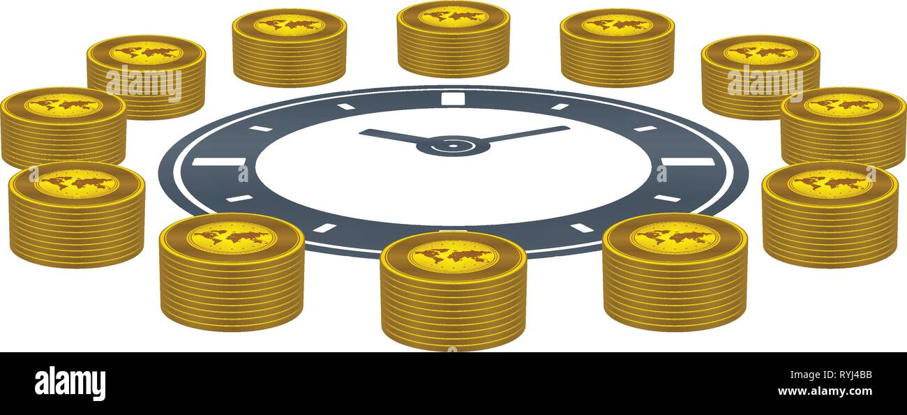 Gold and clock. Time and money concept on white background. Financial ...