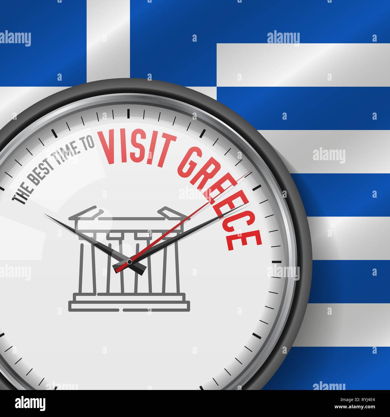 The Best Time for Visit Greece. White Vector Clock with Motivational ...