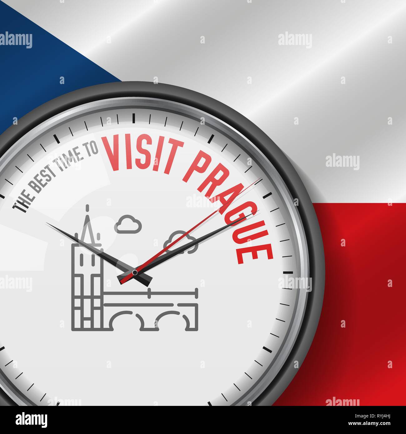 The Best Time for Visit Prague. White Vector Clock with Motivational ...