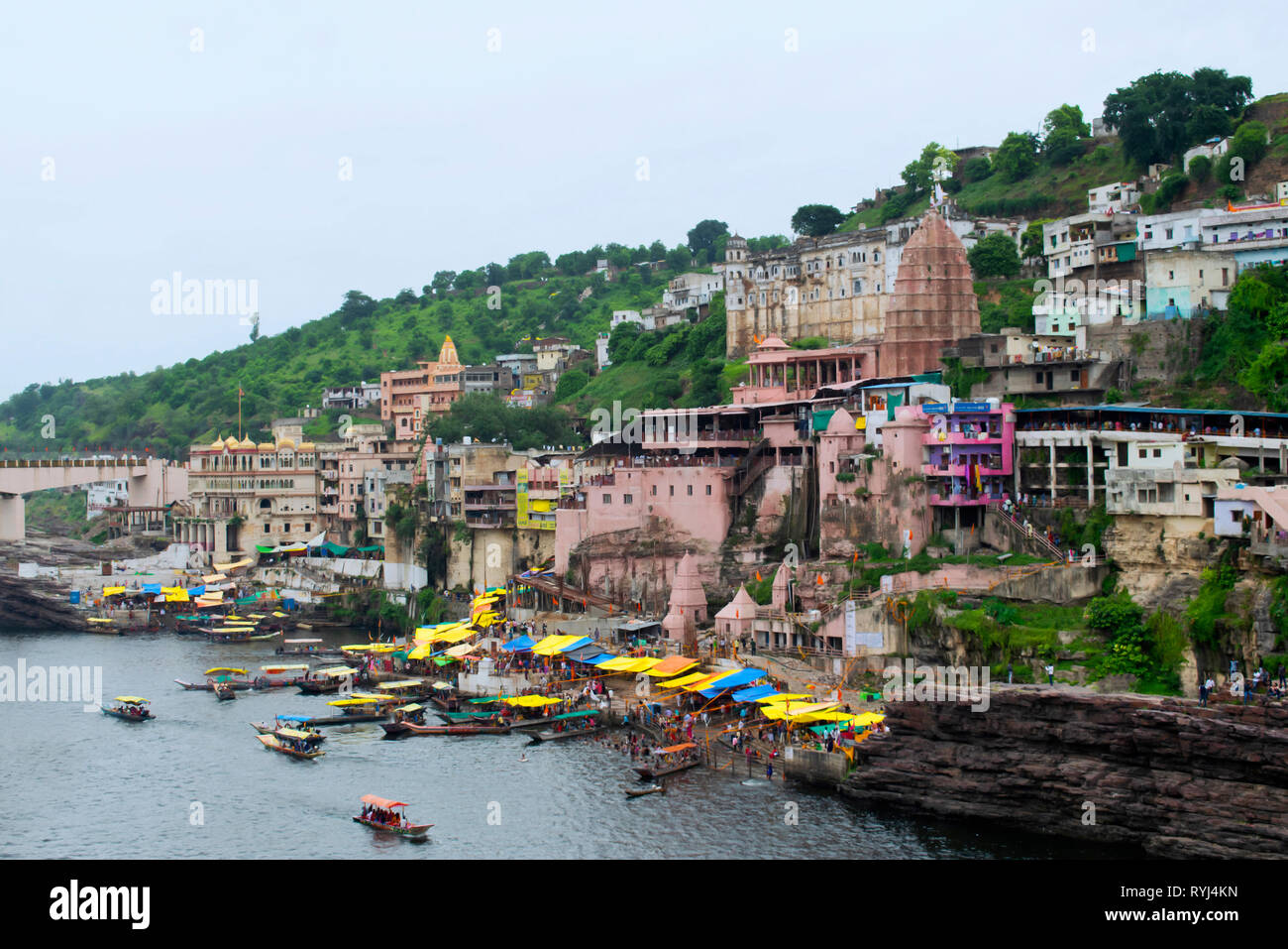 OMKARESHWAR, MADHYA PRADESH, INDIA, August 2018, Tourist and devotees ...
