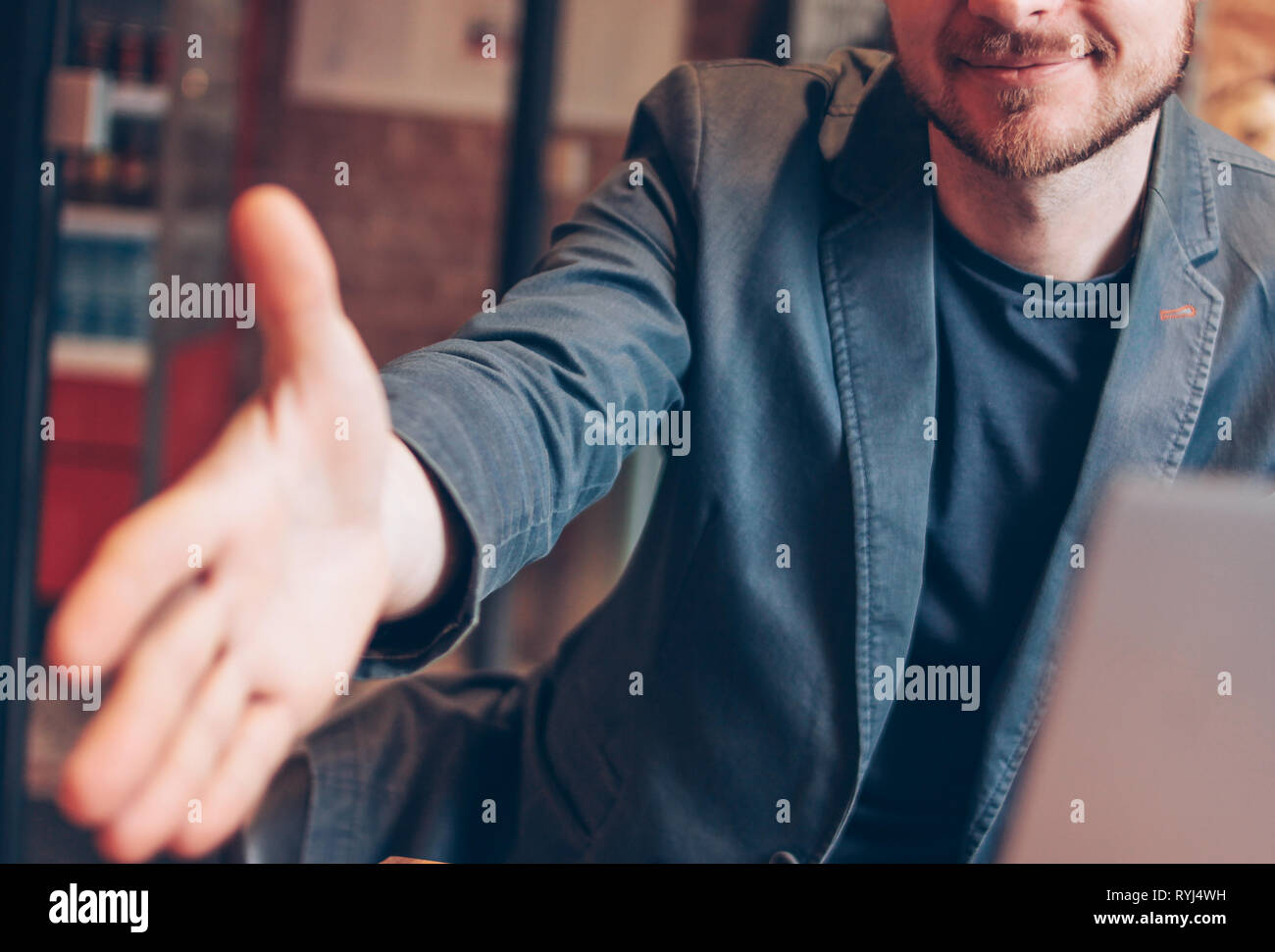 Smiling Attractive Adult Successful Bald Bearded Man In Suit With