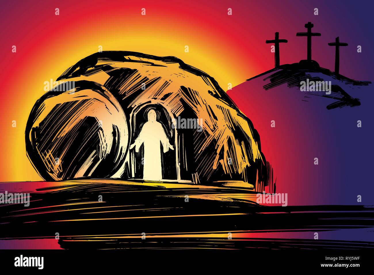 Easter Jesus Christ rose from the dead. Sunday morning. Dawn. The empty ...