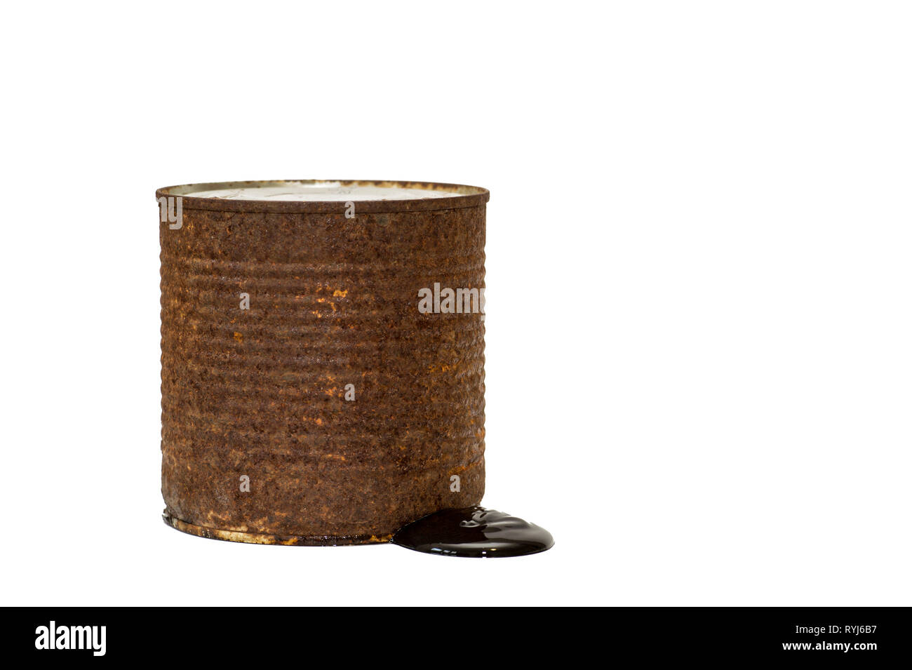 Rusty brown barrel with toxic waste leakage isolated on white ...