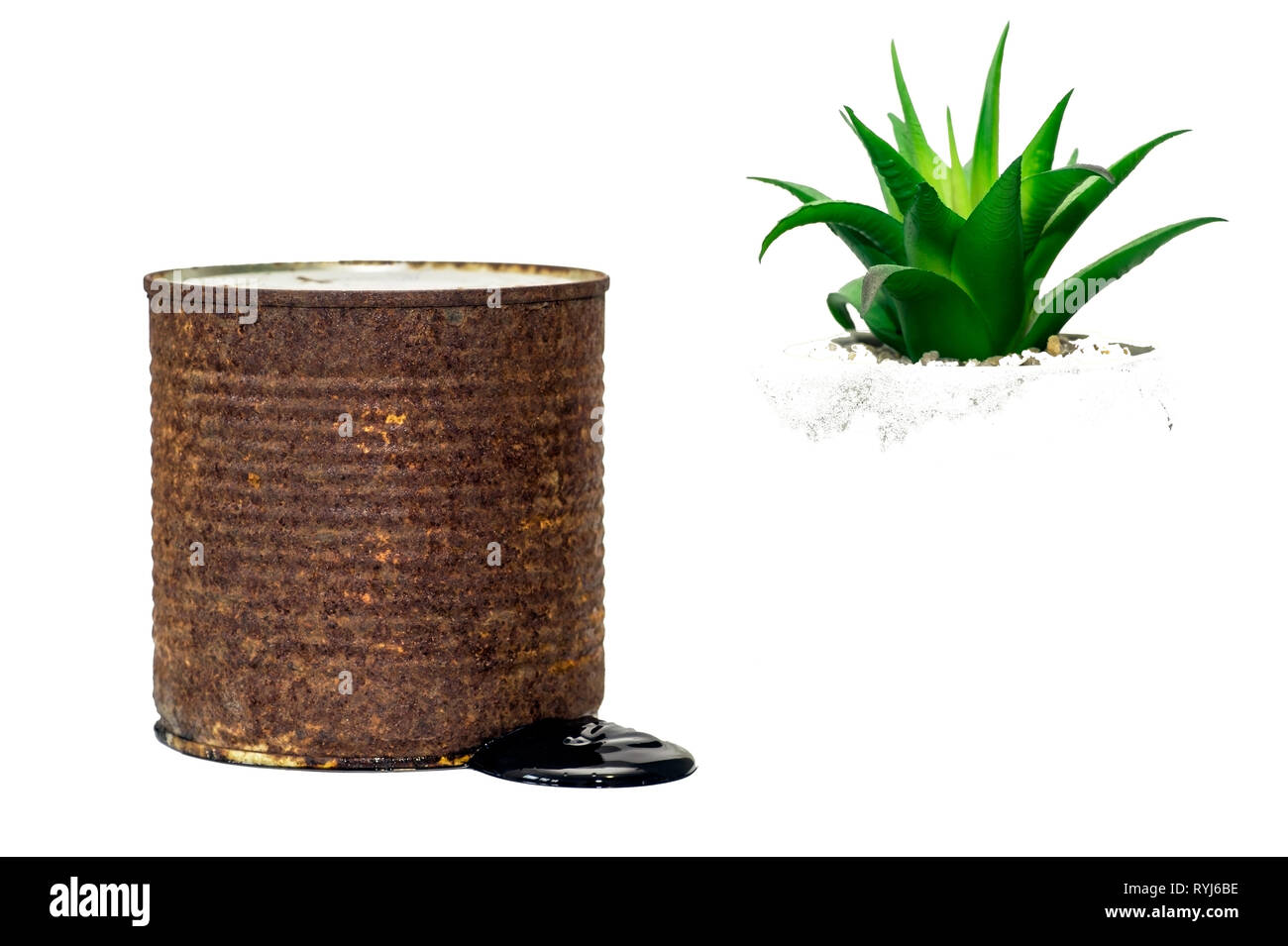 A rusty brown barrel with toxic waste leakage is isolated on a white ...