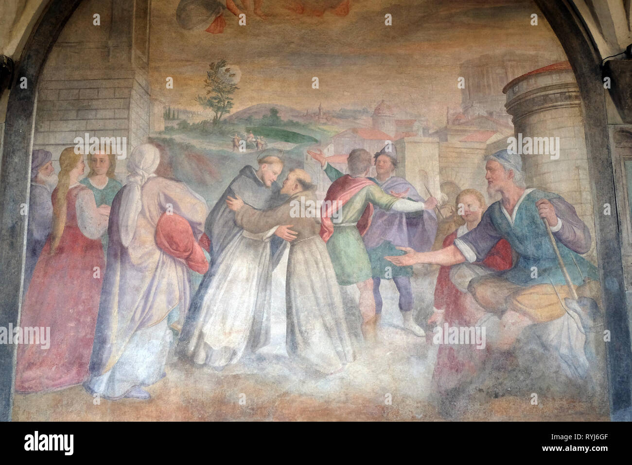 Meeting between Saint Dominic and Saint Francis, fresco by Santi di ...