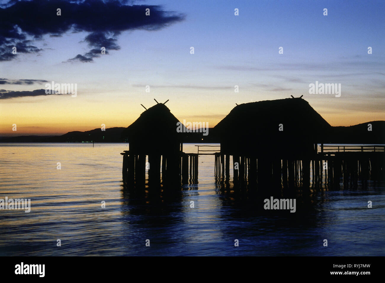 prehistory, architecture, stilt houses in the Lake Constance, sunset ...