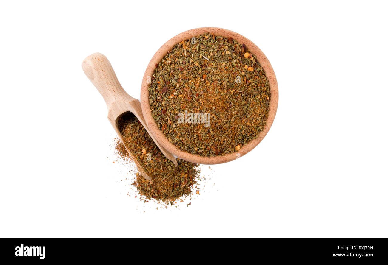 red savory mix or Chubritsa in wooden bowl and scoop isolated on white ...