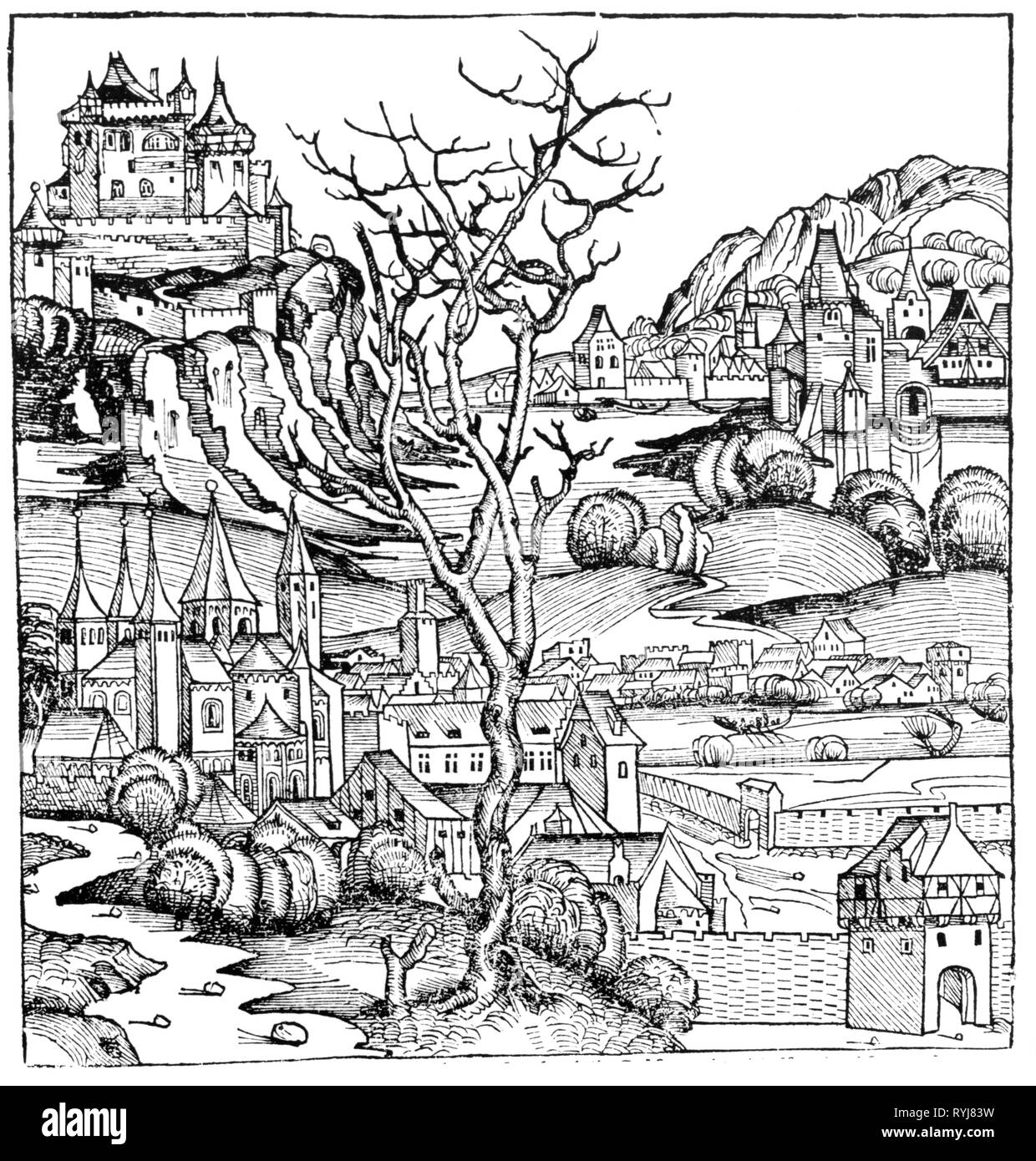 geography / travel, Portugal, view, woodcut by Michael Wolgemut or ...