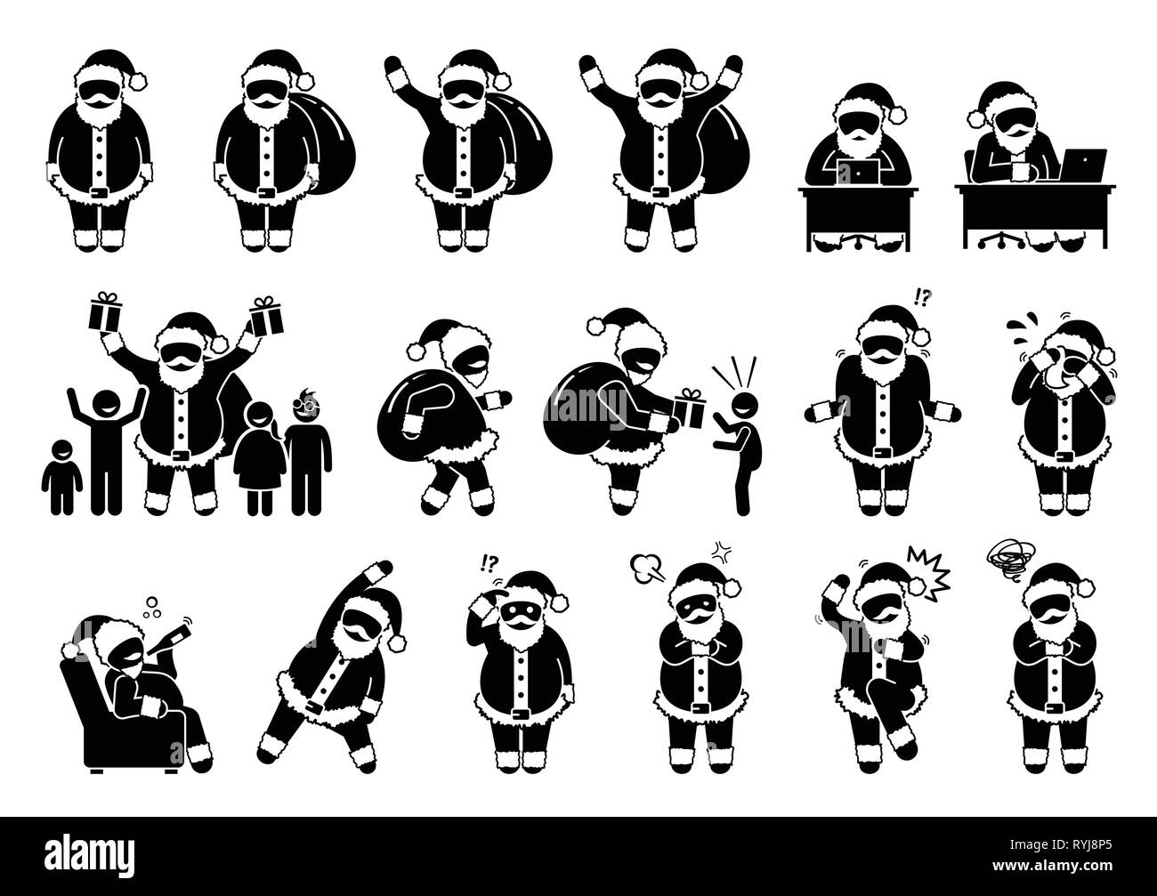 Santa Claus basic postures and feelings pictograms. Stick figure depict ...
