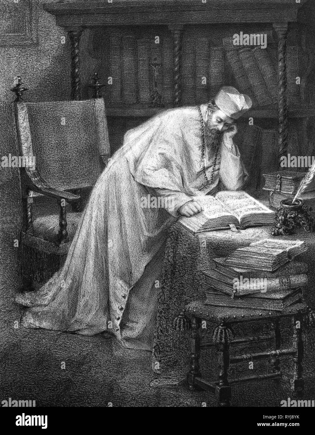 religion, Christianity, clergyman, cardinal in the study, lithograph ...