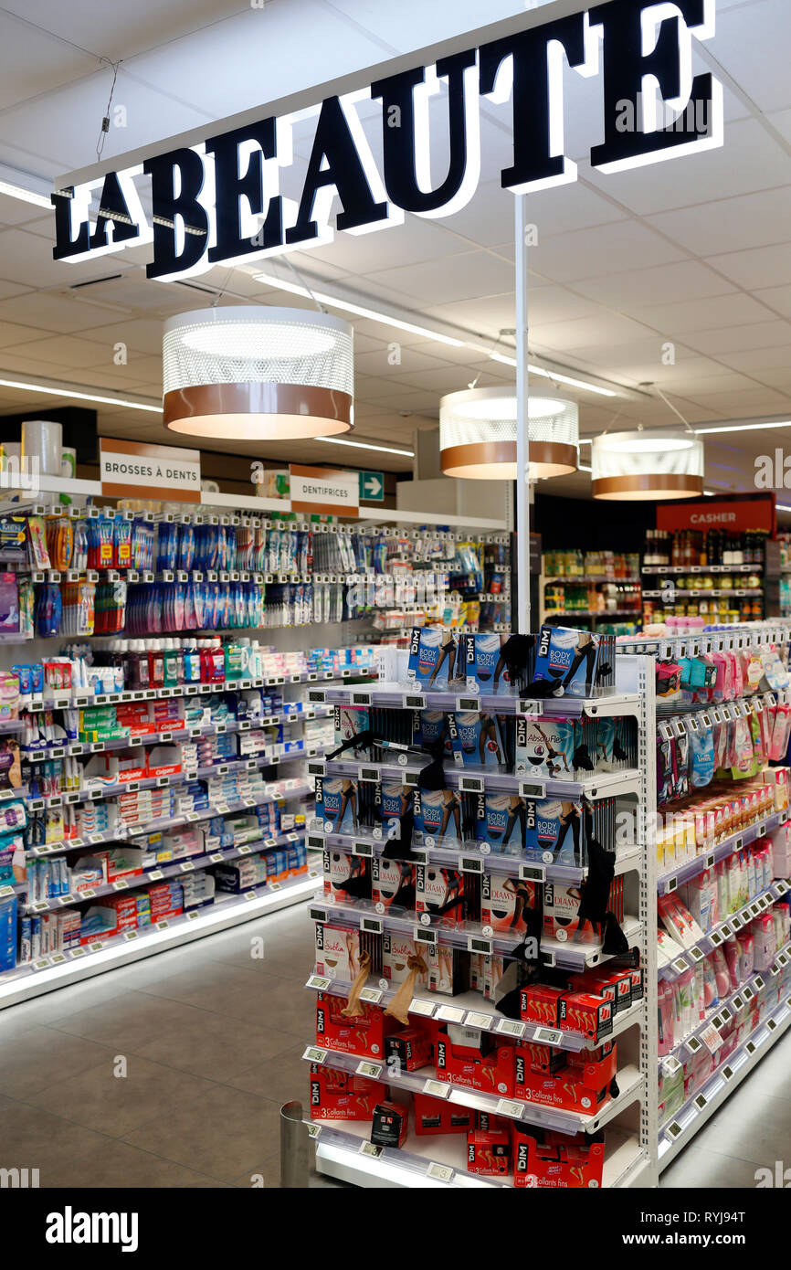 Stalls in row at supermarket. Cosmetics. France Stock Photo - Alamy