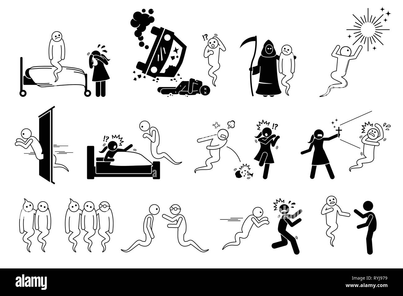 Man died and become a ghost. Icons set depict a spirit haunting people ...