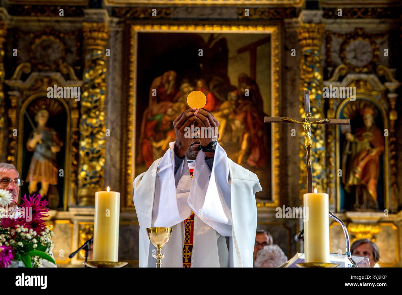 Assumption mass in La Ferriere sur Risle catholic church, Eure, France ...