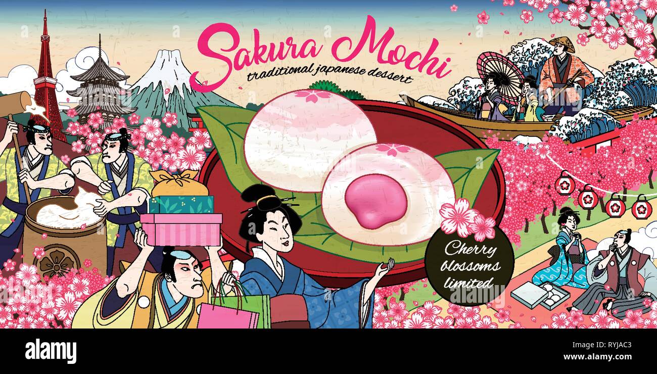 Sakura mochi ads in ukiyo-e style with beautiful cherry blossom viewing ...