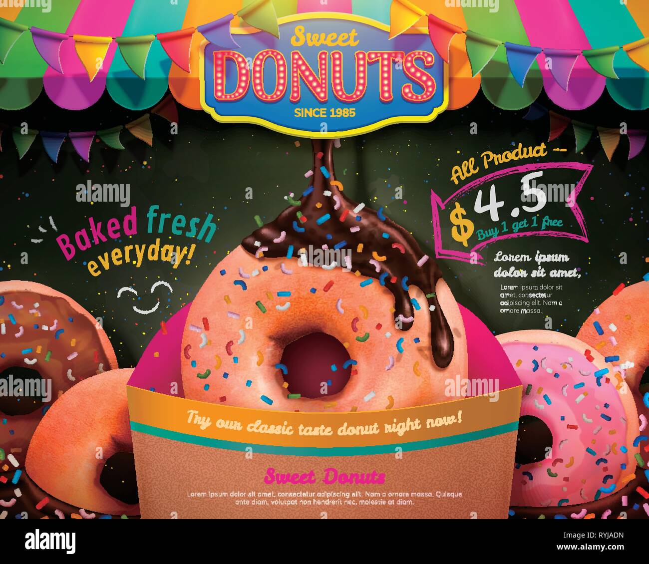 Delicious donuts ads on blackboard background in 3d illustration Stock ...
