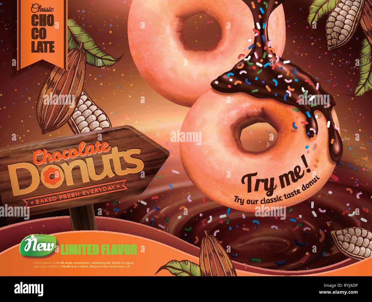 Delicious chocolate donut with dripping sauce and cocoa engraved ...