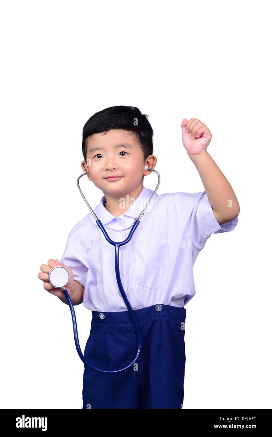Asian Thai kindergarten student kid in school uniform playing medical ...